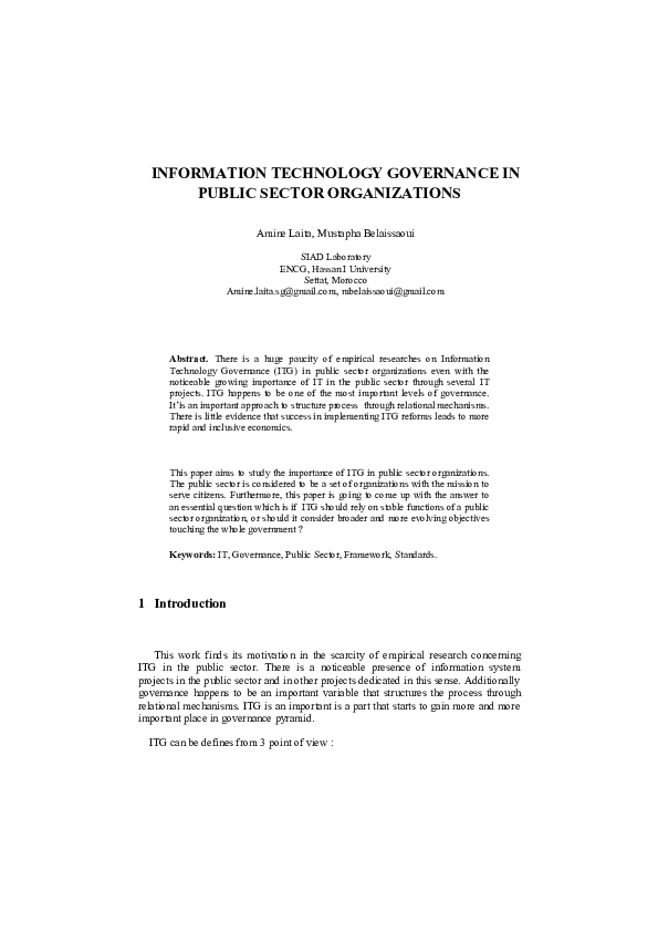 (PDF) INFORMATION TECHNOLOGY GOVERNANCE IN PUBLIC SECTOR ORGANIZATIONS