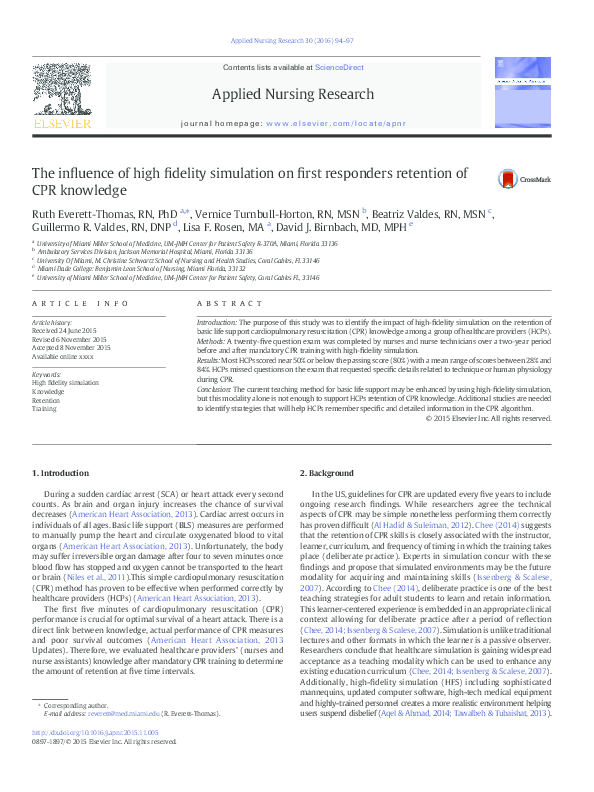 (PDF) The influence of high fidelity simulation on first responders retention of CPR knowledge