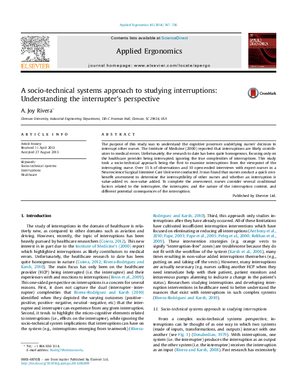 (PDF) A socio-technical systems approach to studying interruptions ...