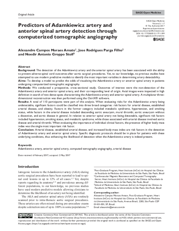 (PDF) Predictors of Adamkiewicz artery and anterior spinal artery ...