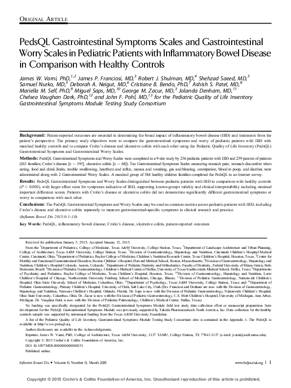 (PDF) PedsQL Gastrointestinal Symptoms Scales and Gastrointestinal ...