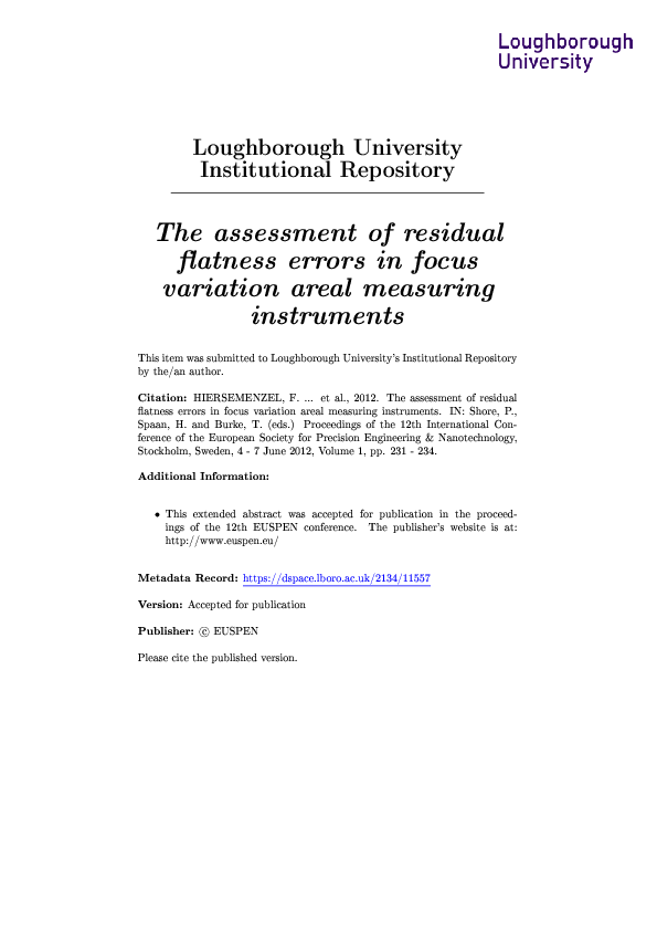 (PDF) The assessment of residual flatness errors in focus variation areal measuring instruments