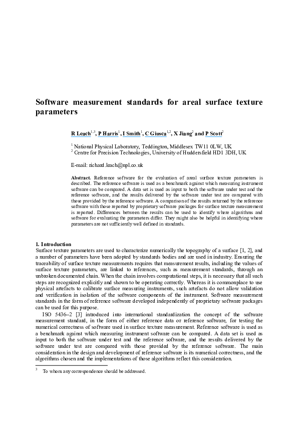 Pdf Software Measurement Standards For Areal Surface Texture Parameters Part 1—algorithms