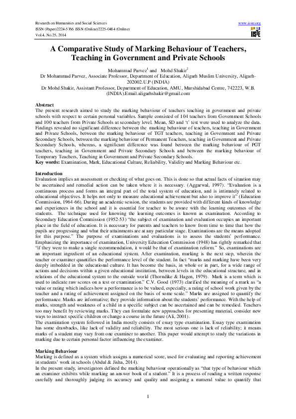 (PDF) A Comparative Study of Marking Behaviour of Teachers, Teaching in ...