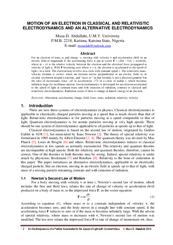 (PDF) Motion of an Electron in Classical and Relativistic ...