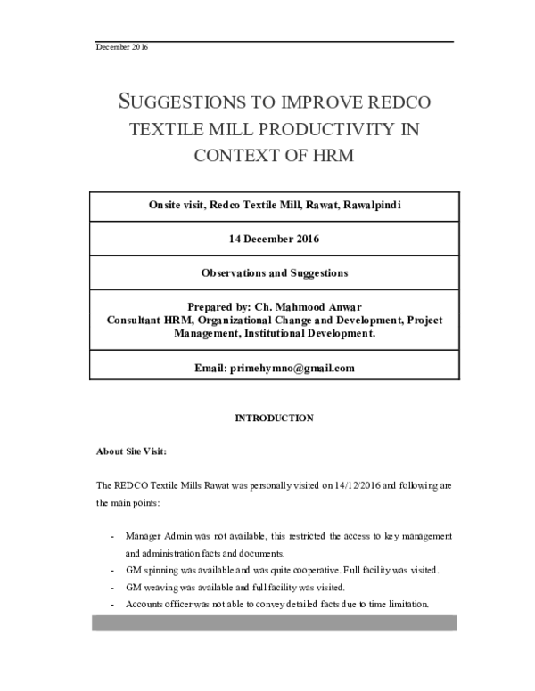 (PDF) SUGGESTIONS TO IMPROVE REDCO TEXTILE MILL PRODUCTIVITY IN CONTEXT ...