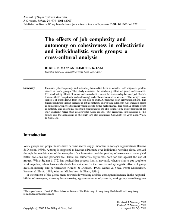 (PDF) The effects of job complexity and autonomy on cohesiveness in ...
