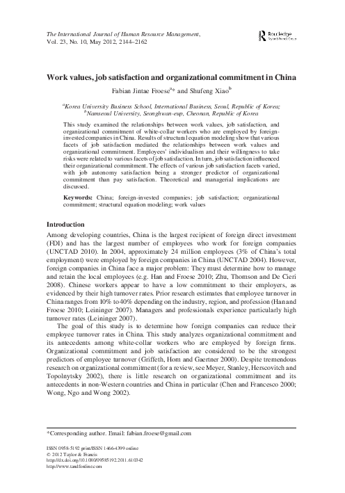 (PDF) Work values, job satisfaction and organizational commitment in China