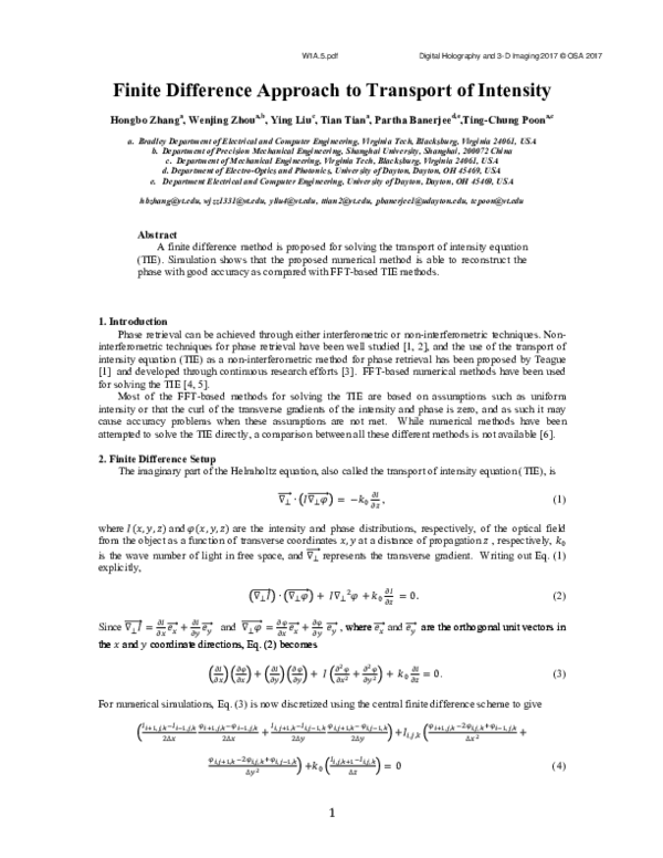 (PDF) Finite Difference Approach to Transport of Intensity