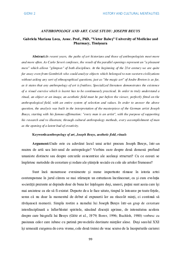 (PDF) ANTHROPOLOGY AND ART. CASE STUDY: JOSEPH BEUYS