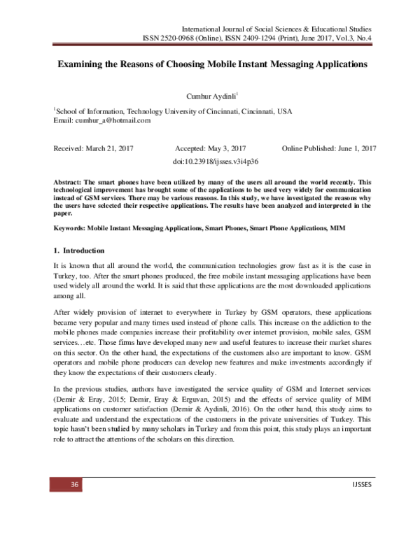 (PDF) Examining the Reasons of Choosing Mobile Instant Messaging Applications