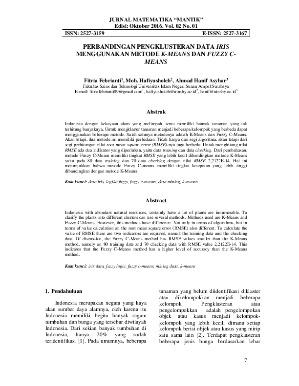 (PDF) PERBANDINGAN PENGKLUSTERAN DATA IRIS MENGGUNAKAN METODE K-MEANS DAN FUZZY C- MEANS