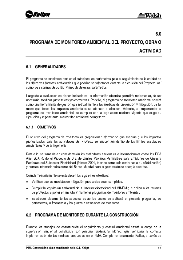 (PDF) 6.0 PROGRAMA DE MONITOREO AMBIENTAL DEL PROYECTO, OBRA O ACTIVIDAD 6.1 GENERALIDADES