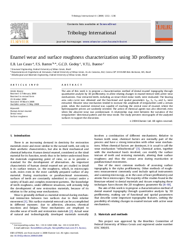 (PDF) Enamel wear and surface roughness characterization using 3D profilometry