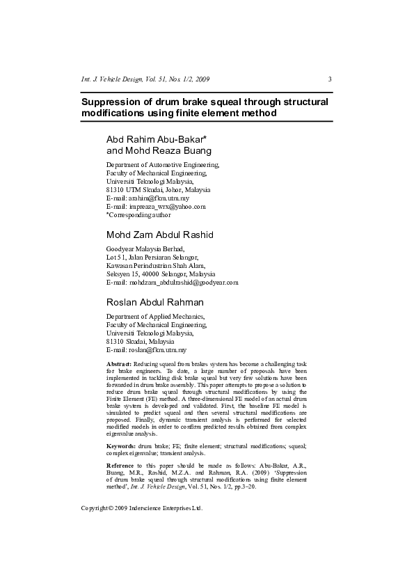 (PDF) Suppression of drum brake squeal through structural modifications using finite element method