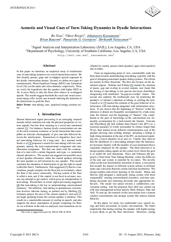 (PDF) Acoustic and Visual Cues of Turn-Taking Dynamics in Dyadic Interactions