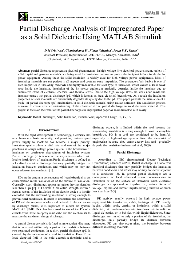 Doc Partial Discharge Analysis Of Impregnated Paper As A Solid Dielectric Using Matlab Simulink
