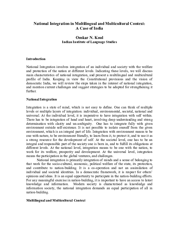 (PDF) National Integration in Multilingual and Multicultural Context: A ...