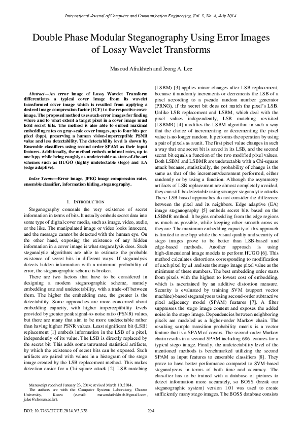 (PDF) Double Phase Modular Steganography Using Error Images of Lossy Wavelet Transforms | Masoud ...