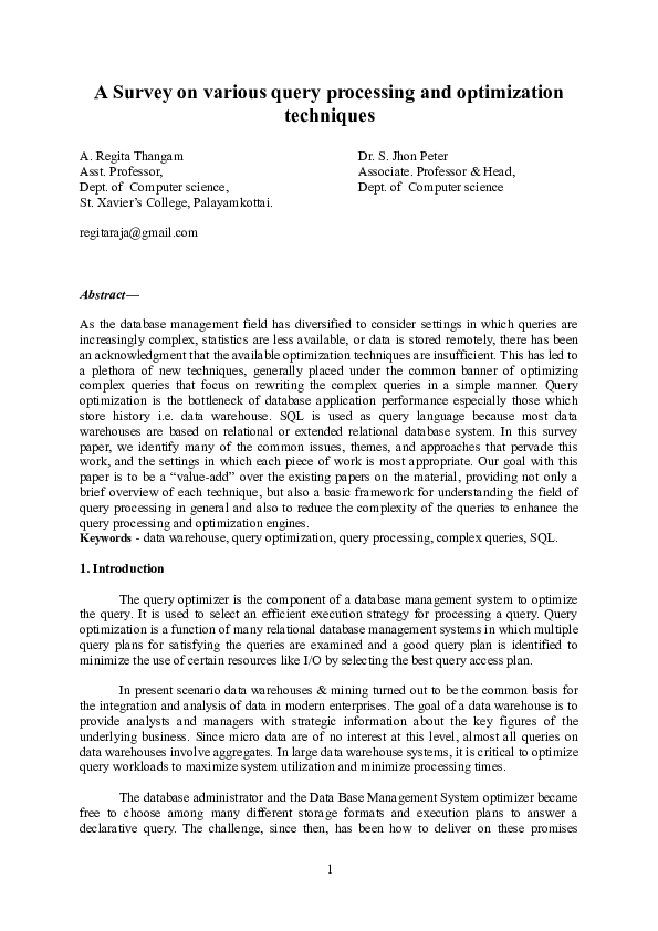 Doc A Survey On Various Query Processing And Optimization Techniques