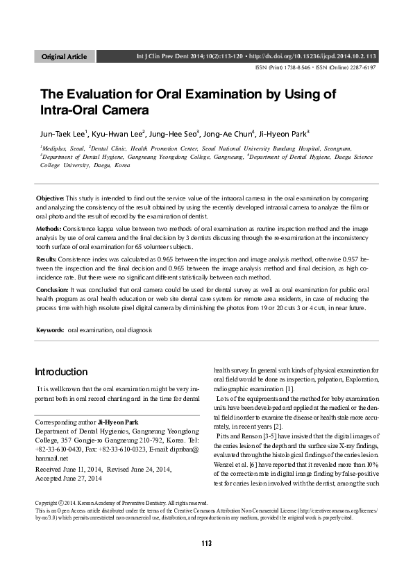 (PDF) The Evaluation for Oral Examination by Using of Intra-Oral Camera