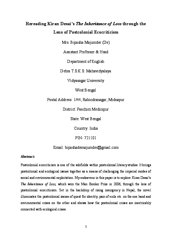 (PDF) Rereading Kiran Desai's The Inheritance of Loss through the Lens ...