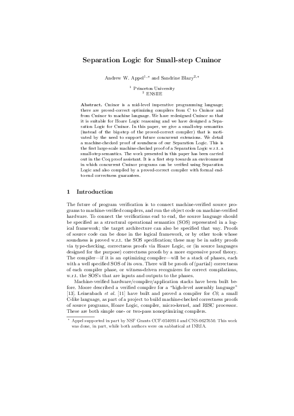 (PDF) Separation Logic for Small-Step cminor | Sandrine Blazy - Academia.edu