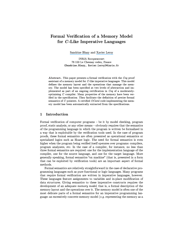 (PDF) Formal Verification of a Memory Model for C-Like Imperative Languages