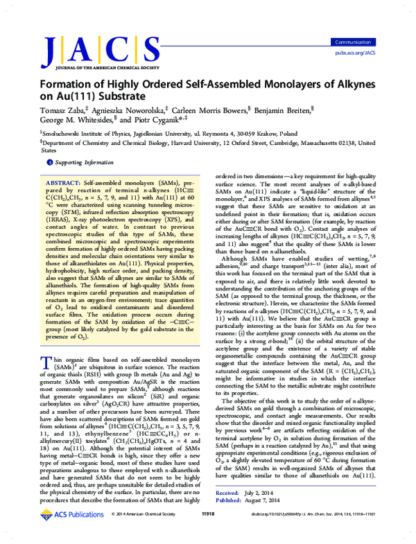 (PDF) Formation of Highly Ordered Self-Assembled Monolayers of Alkynes ...