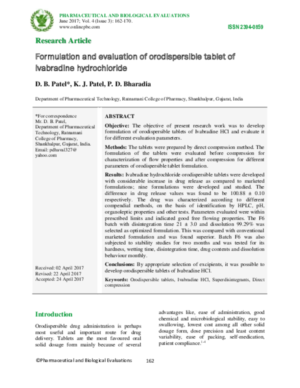 Pdf Formulation And Evaluation Of Orodispersible Tablet Of Ivabradine Hydrochloride