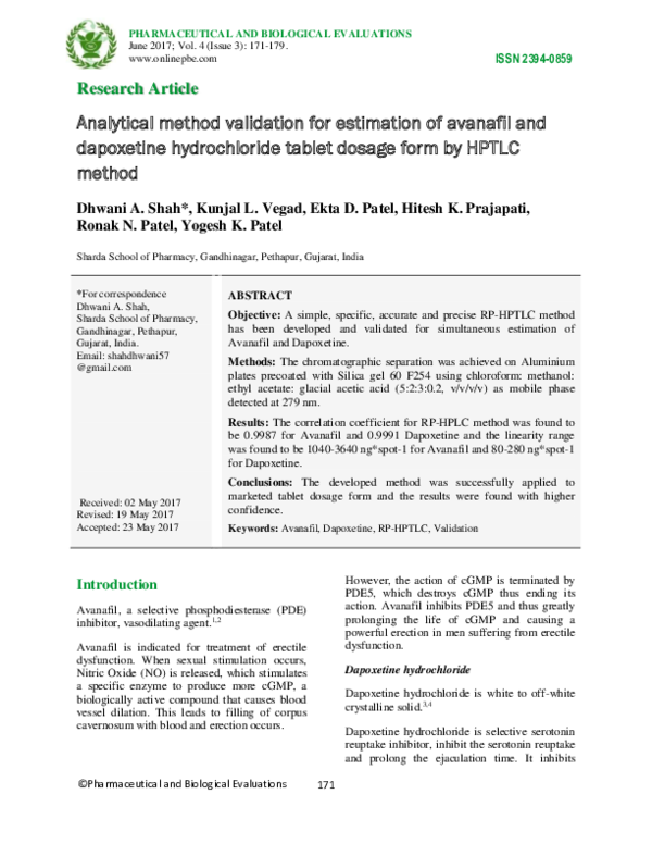 Pdf Analytical Method Validation For Estimation Of Avanafil And Dapoxetine Hydrochloride
