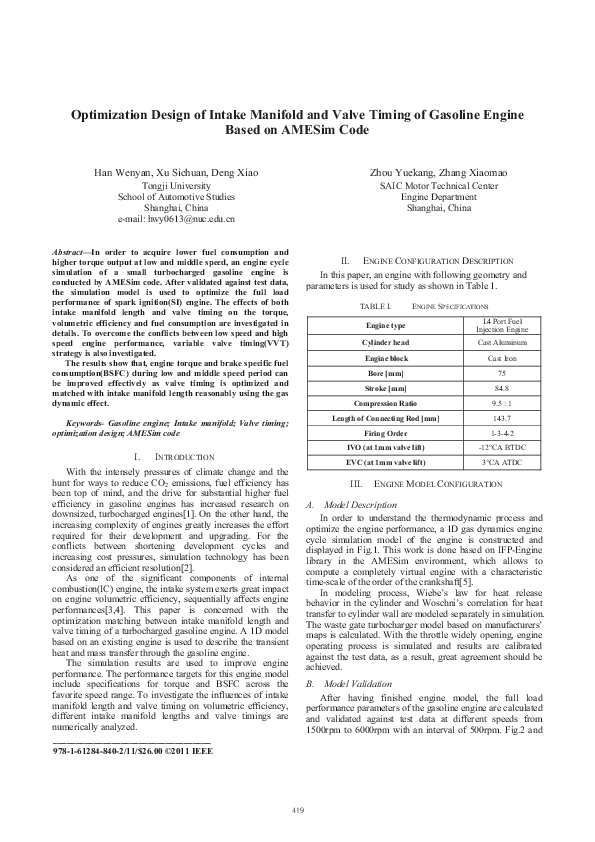 Pdf Optimization Design Of Intake Manifold And Valve Timing Of Gasoline Engine Based On Amesim