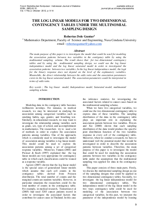 (PDF) Forum Statistika dan Komputasi : Indonesian Journal of Statistics THE LOG LINEAR MODELS ...