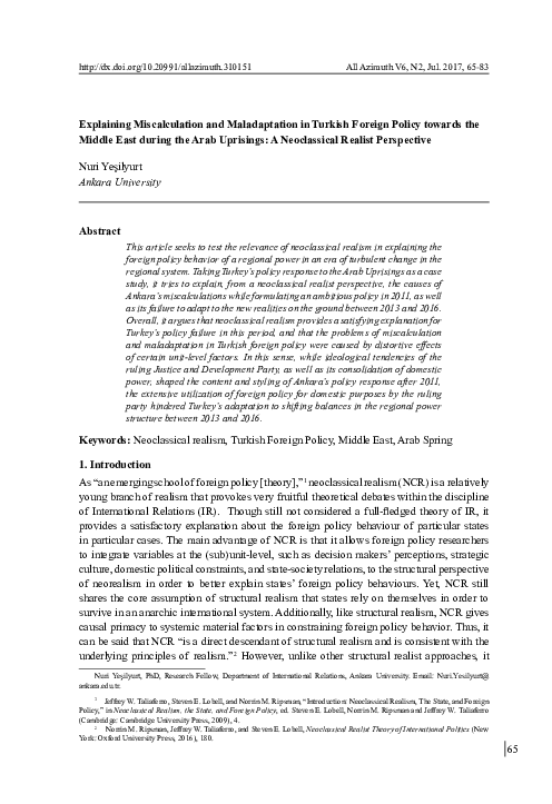 (PDF) Nuri Yeşilyurt, "Explaining Miscalculation and Maladaptation in Turkish Foreign Policy ...