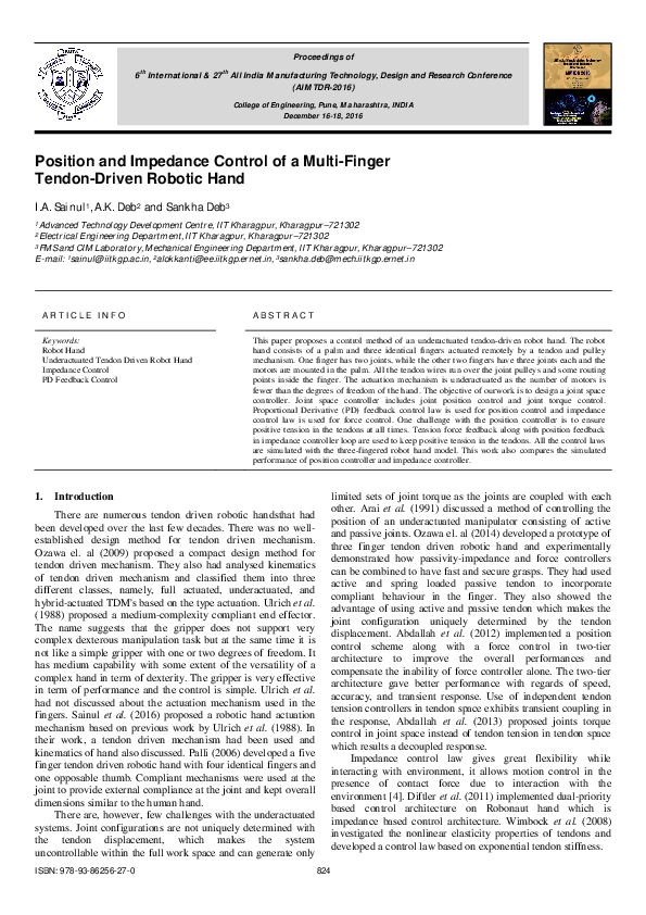 (PDF) Position and Impedance Control of a multi- finger tendon-driven robotic hand