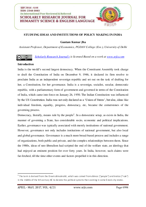 (PDF) STUDYING IDEAS AND INSTITUTIONS OF POLICY MAKING IN INDIA