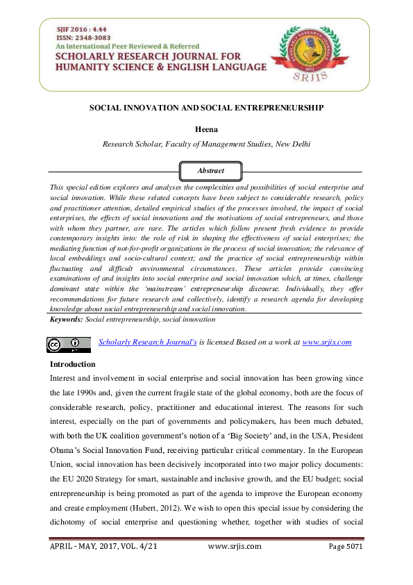 (PDF) SOCIAL INNOVATION AND SOCIAL ENTREPRENEURSHIP Heena