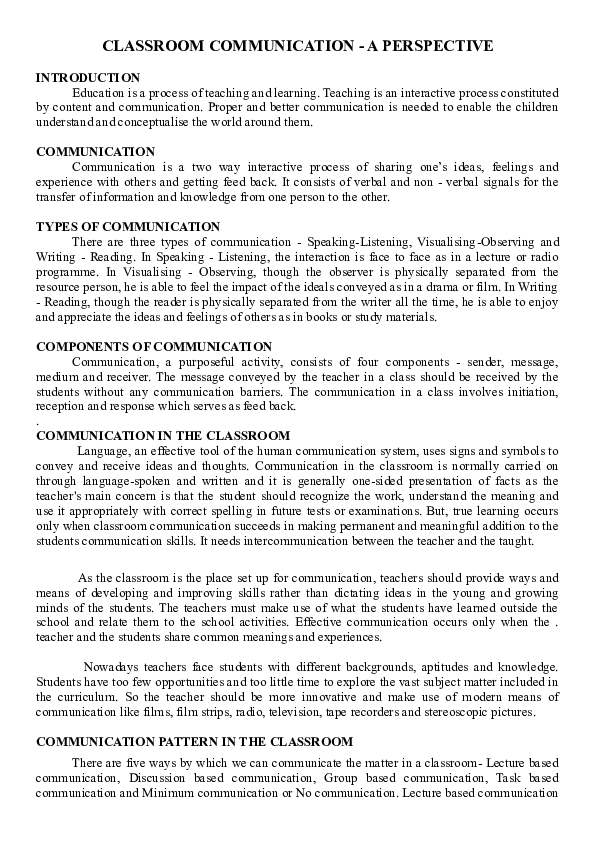 (DOC) CLASSROOM COMMUNICATION -A PERSPECTIVE