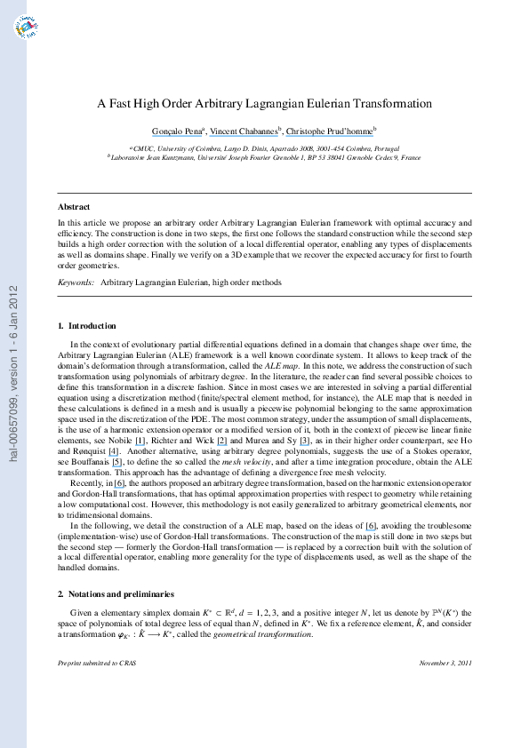 (PDF) A Fast High Order Arbitrary Lagrangian Eulerian Transformation