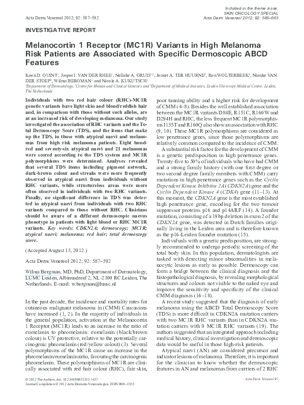 (PDF) Melanocortin 1 Receptor (MC1R) Variants in High Melanoma Risk ...