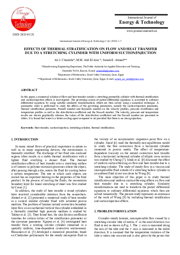 (PDF) EFFECTS OF THERMAL STRATIFICATION ON FLOW AND HEAT TRANSFER DUE TO A STRETCHING CYLINDER ...