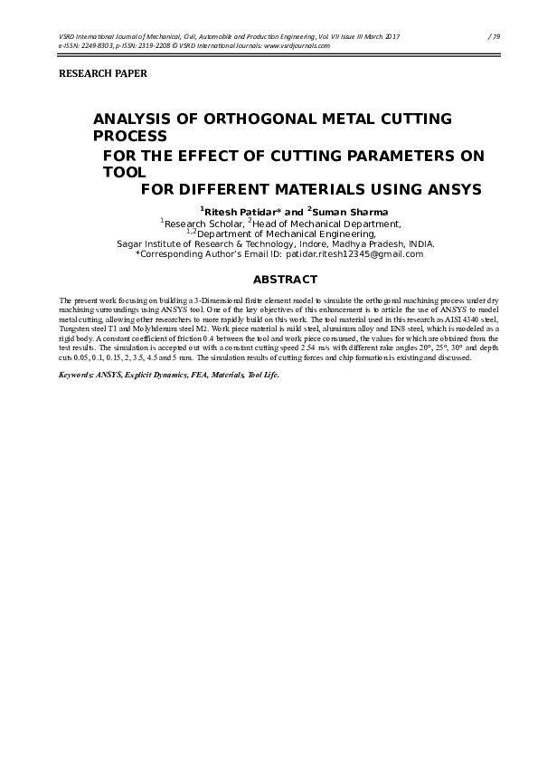 Doc Analysis Of Orthogonal Metal Cutting Process For The Effect Of Cutting Parameters On Tool