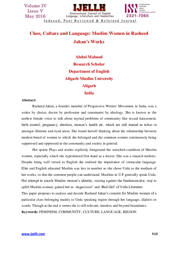 (PDF) Class, Culture and Language: Muslim Women in Rasheed Jahan’s Works