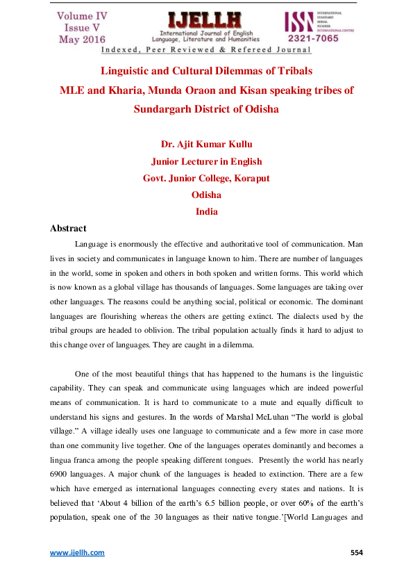 (PDF) Linguistic and Cultural Dilemmas of Tribals MLE and Kharia, Munda ...