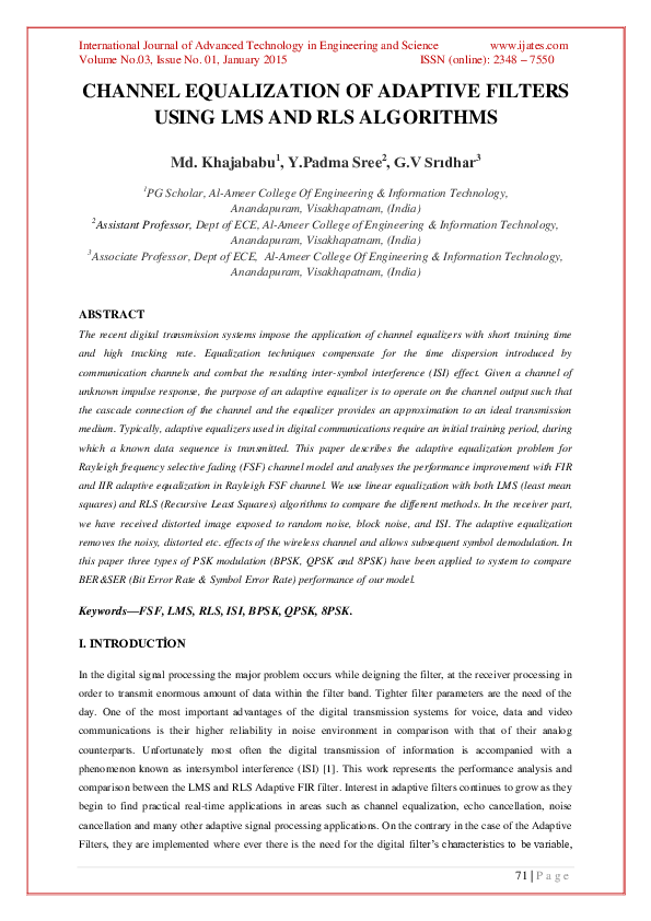 (PDF) CHANNEL EQUALIZATION OF ADAPTIVE FILTERS USING LMS AND RLS ALGORITHMS
