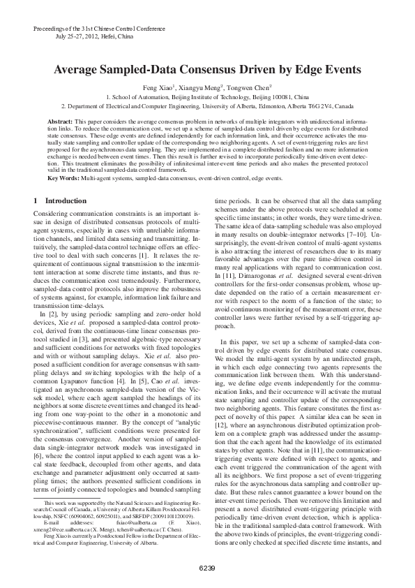 (PDF) Average Sampled-Data Consensus Driven by Edge Events | Xiangyu ...