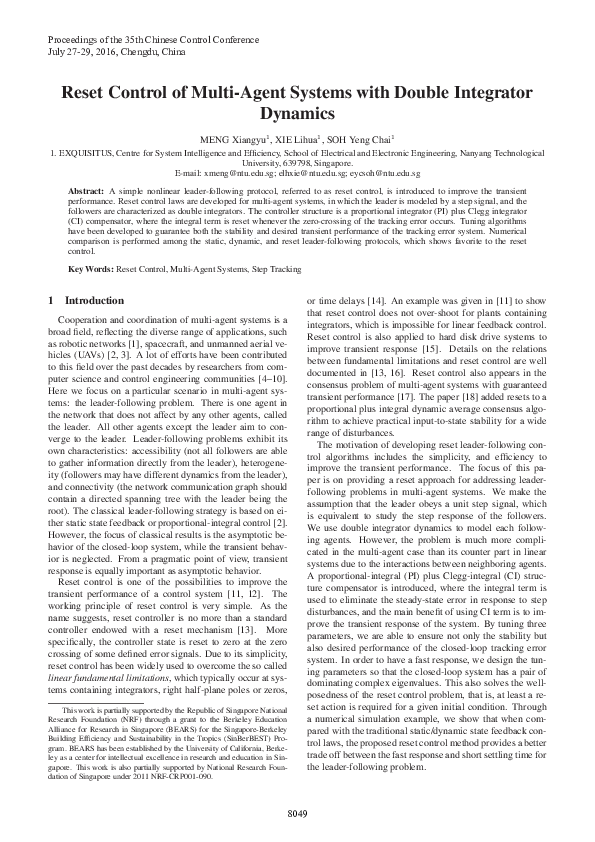 Pdf Reset Control Of Multi Agent Systems With Double Integrator Dynamics