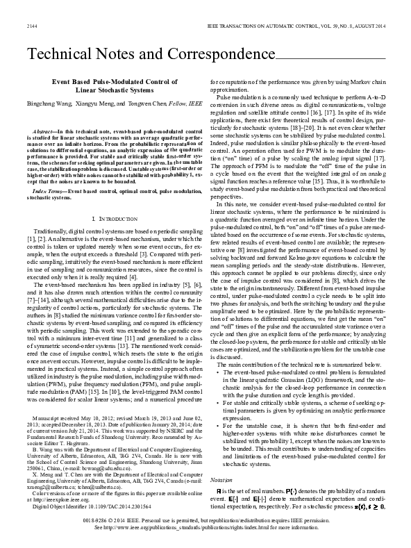 Pdf Event Based Pulse Modulated Control Of Linear Stochastic Systems