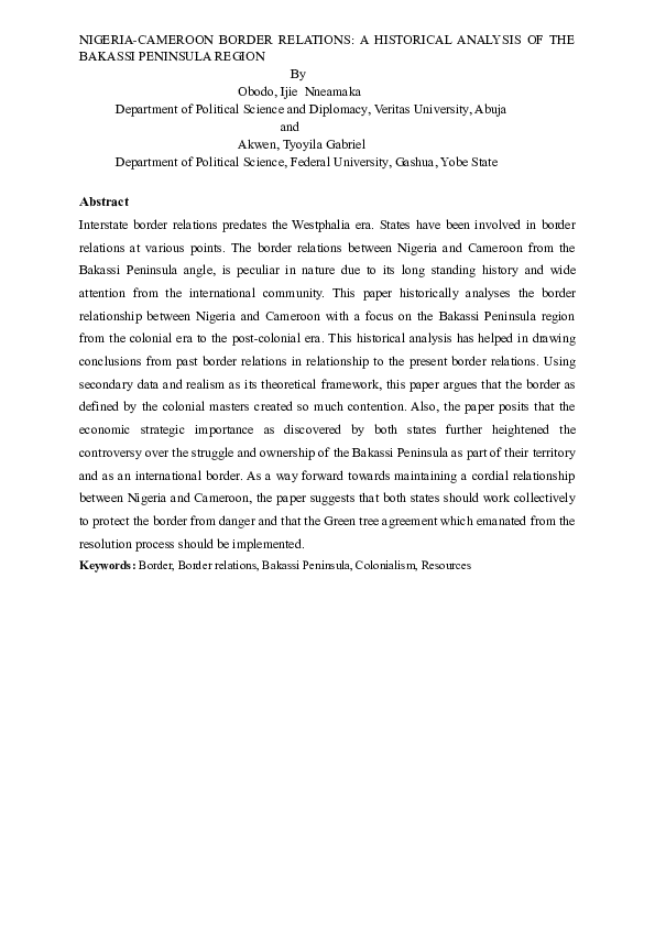 (DOC) NIGERIA-CAMEROON BORDER RELATIONS: A HISTORICAL ANALYSIS OF THE ...