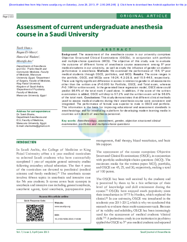 (PDF) Assessment of current undergraduate anesthesia course in a Saudi ...